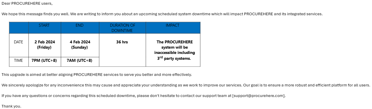 Announcement | Scheduled Downtime for PROCUREHERE System Maintenance ...